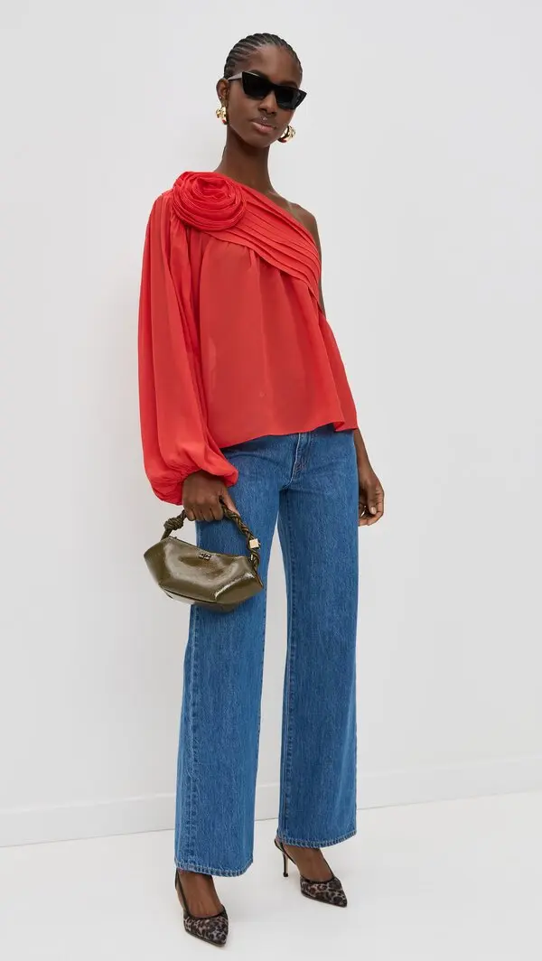 Farm Rio One-shoulder Blouse With Rosette Detail