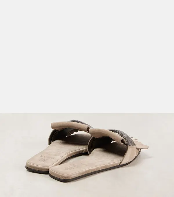 Brunello Cucinelli Fringed Suede Slippers - Beige
