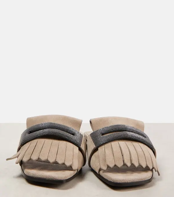 Brunello Cucinelli Fringed Suede Slippers - Beige
