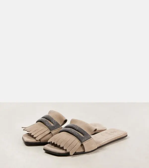 Brunello Cucinelli Fringed Suede Slippers - Beige