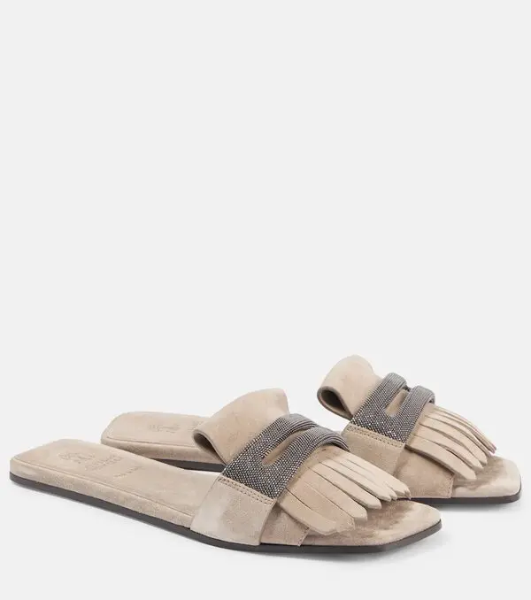 Brunello Cucinelli Fringed Suede Slippers - Beige