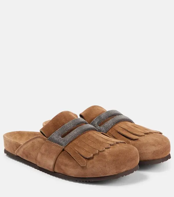 Brunello Cucinelli Fringed Suede Slippers - Brown