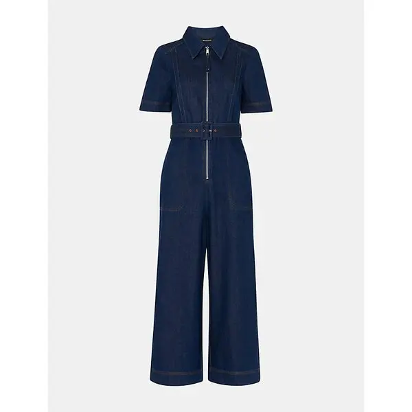 Whistles Pin-tuck Belted Denim Jumpsuit - Blue