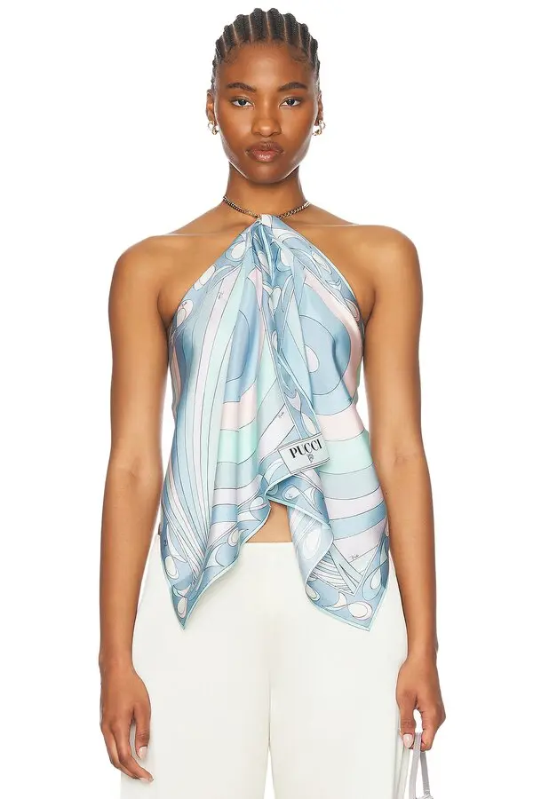 Emilio Pucci Silk Scarf Top In Blue Celeste Rosa Editorialist