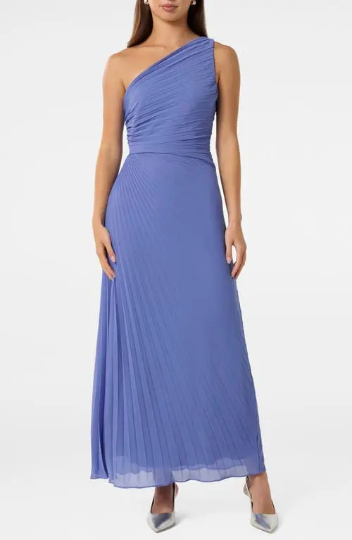blue pleated one shoulder dress Brooklynn One-Shoulder Accordion Pleat Midi Dress Navy main image 0