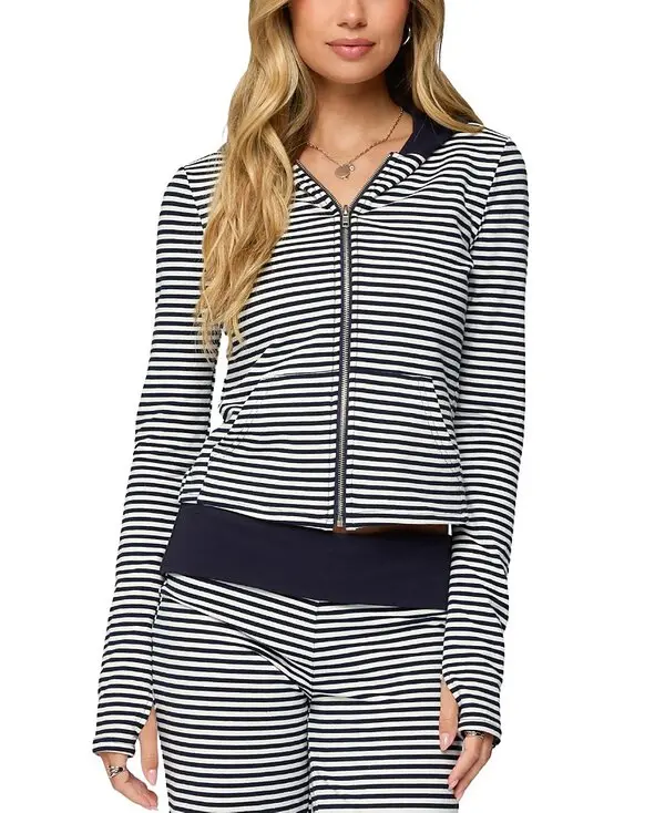 EDIKTED Meggy Striped Zip Up Hoodie - Navy And White