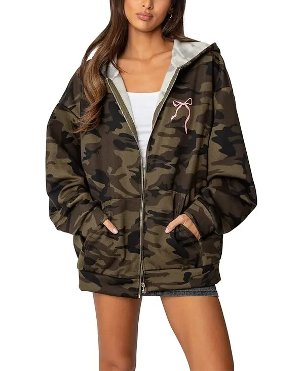 EDIKTED Camo Oversized Hoodie With Bow Detail