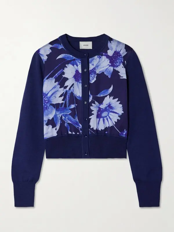 Erdem Merino Wool And Floral-print Satin Cardigan - Blue