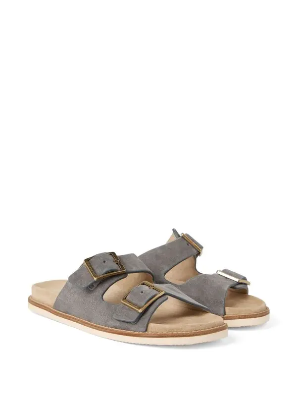 Brunello Cucinelli Suede Buckled Slides - Grey