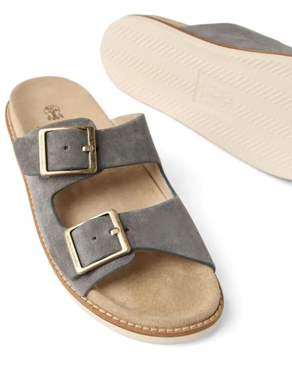 Brunello Cucinelli Suede Buckled Slides - Grey