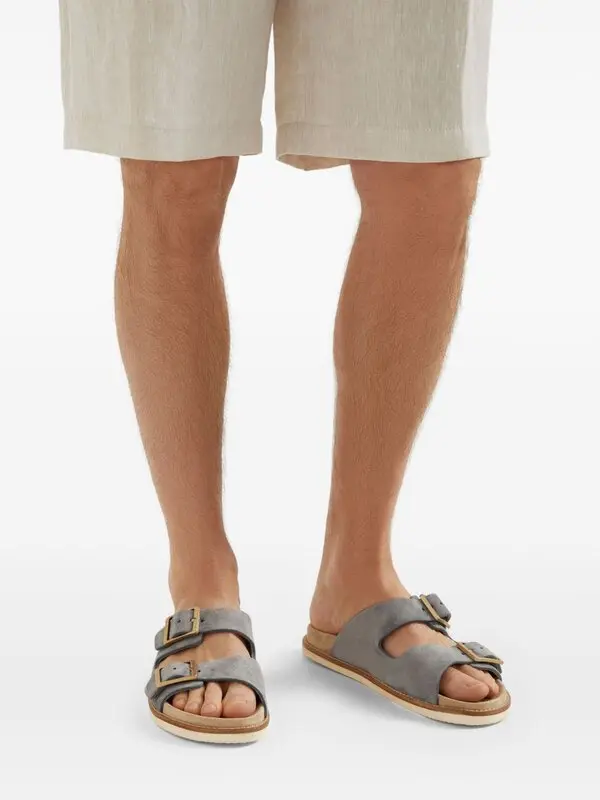 Brunello Cucinelli Suede Buckled Slides - Grey