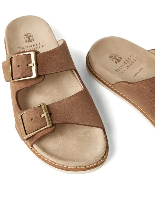 Brunello Cucinelli Suede Buckled Slides - Brown