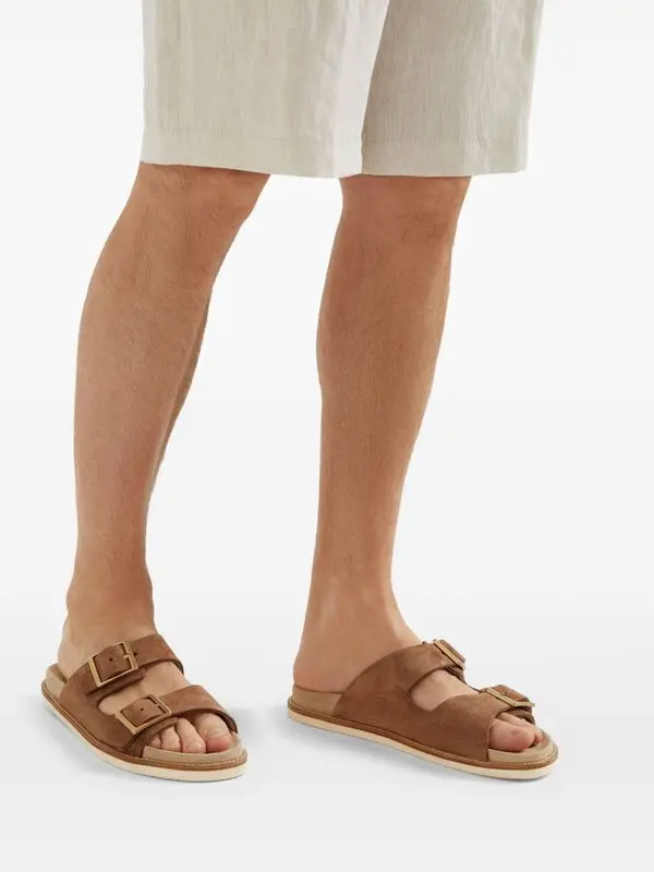 Brunello Cucinelli Suede Buckled Slides - Brown