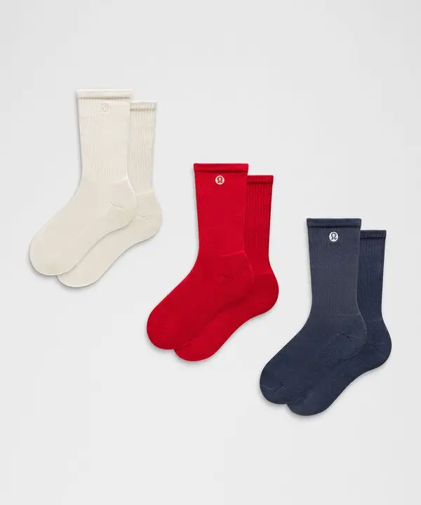 Lululemon Daily Essential Crew Socks - Oxford Red/club Blue/light Ivory