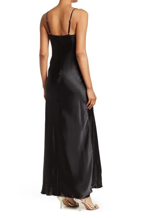 JUMP APPAREL Solid Long Satin Slip Dress - Black