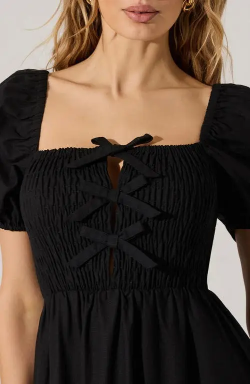 bow detail smock bodice cotton blend dress Smocked Bow Midi Dress