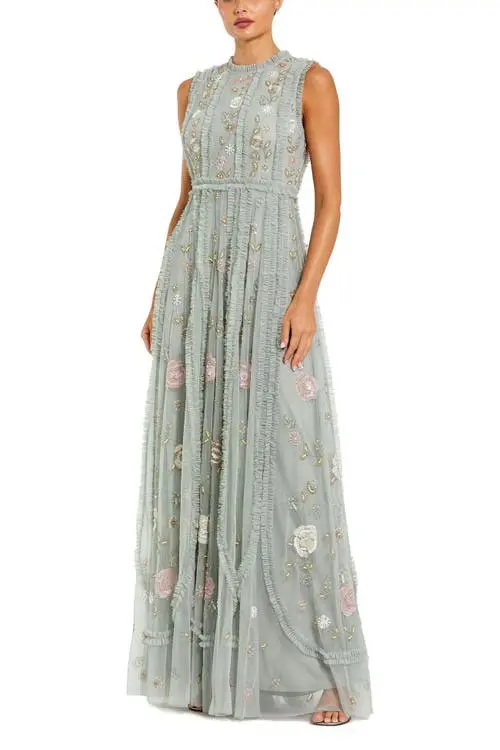 Mac Duggal Floral Mesh A-line Gown - Sage Multi