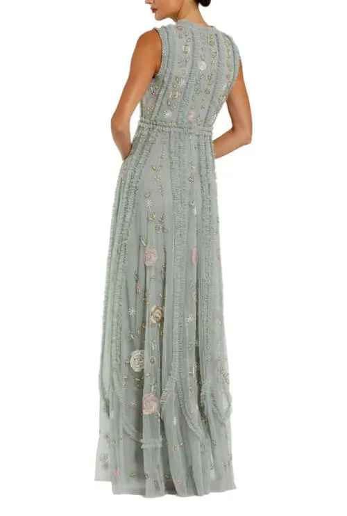 Mac Duggal Floral Mesh A-line Gown - Sage Multi