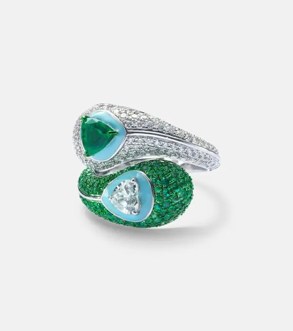 KAMYEN Ying Yang 18kt White Gold, Enamel Ring With Emeralds And Diamonds - Silver