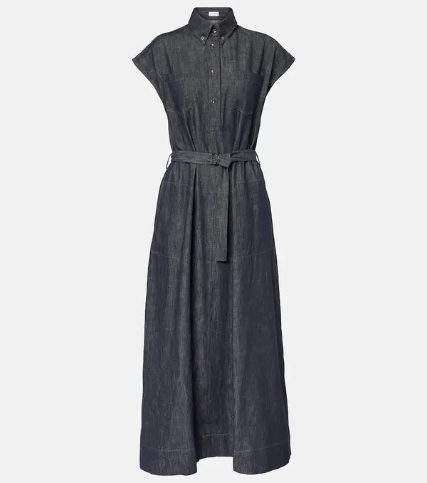 Brunello Cucinelli Belted Denim Maxi Dress - Blue