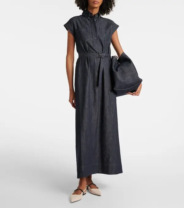 Brunello Cucinelli Belted Denim Maxi Dress - Blue