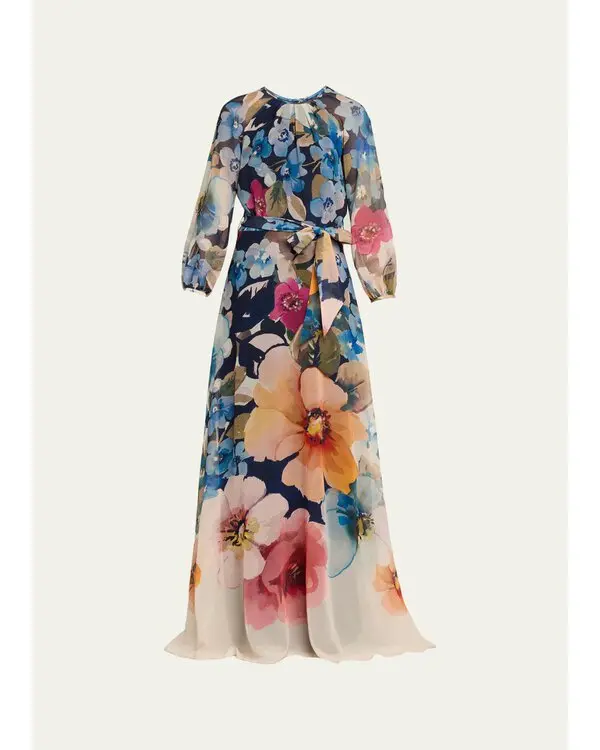 Rickie Freeman For Teri Jon Floral-print Chiffon Gown