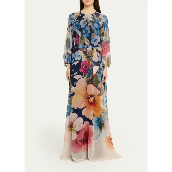 Rickie Freeman For Teri Jon Floral-print Chiffon Gown