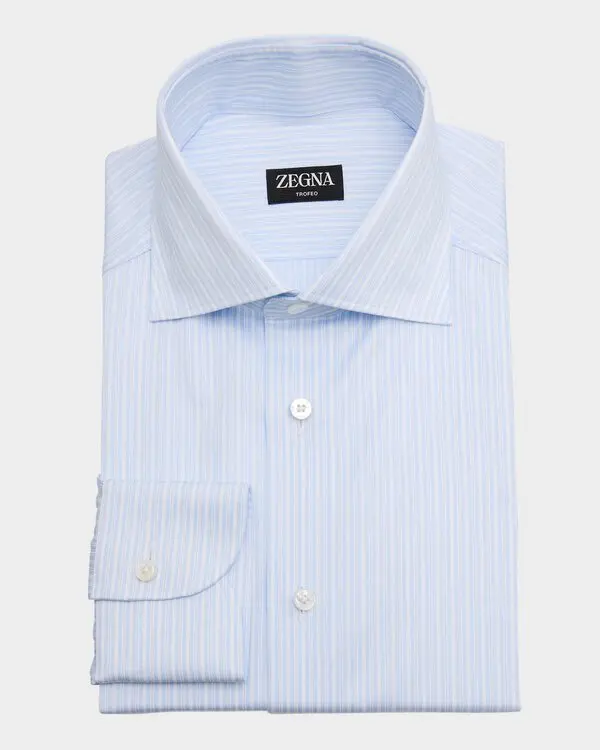Zegna Trofeo Cotton Framed Stripe Dress Shirt - Br Blustrp