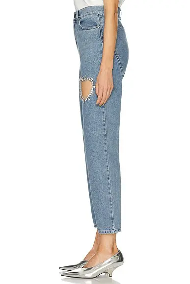 AREA Crystal Heart Embellished Straight Leg Jeans - Light Blue