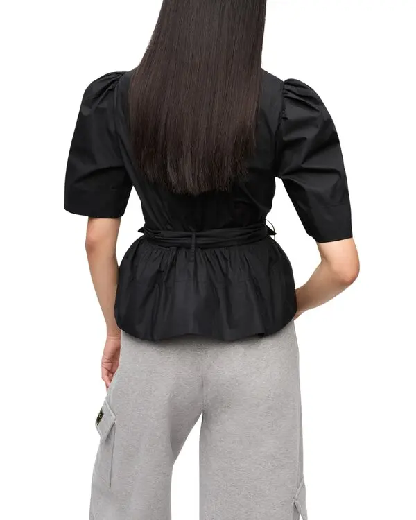 GANNI Tie Front Peplum Top - Black