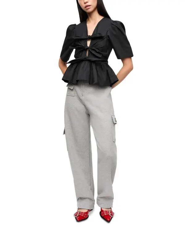 GANNI Tie Front Peplum Top - Black