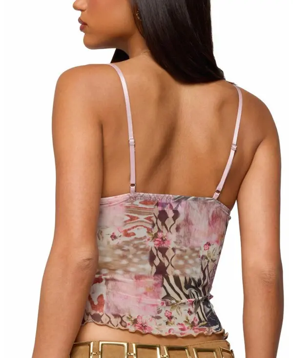 EDIKTED Animal Print Mesh Tank Top - Brown