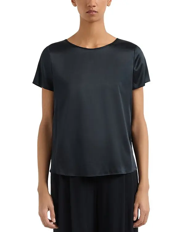 Emporio Armani Stretch Silk Satin Short Sleeve Blouse - Black