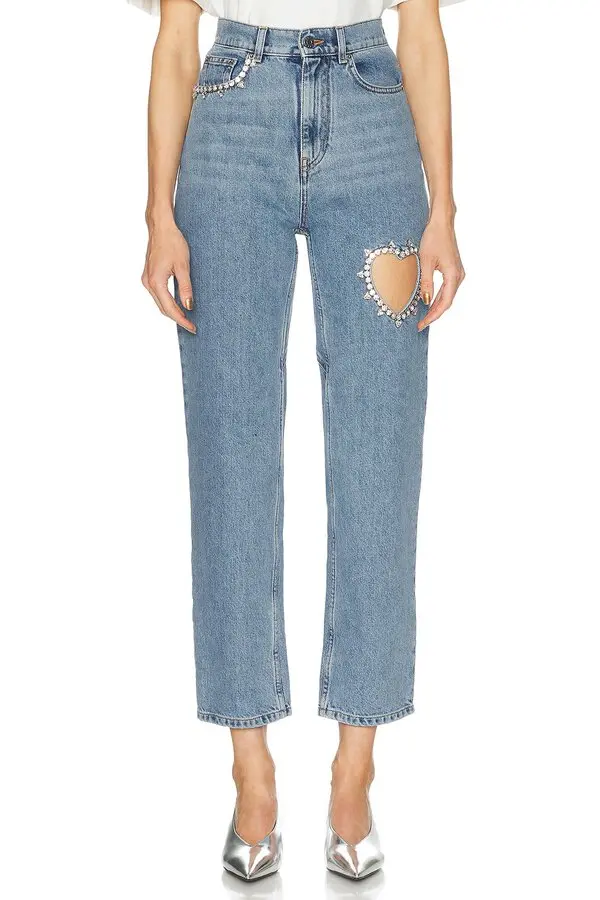 AREA Crystal Heart Straight Leg Jeans - Light Blue