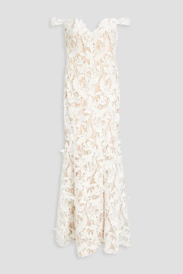 Marchesa Off-the-shoulder Guipure Lace Gown - White