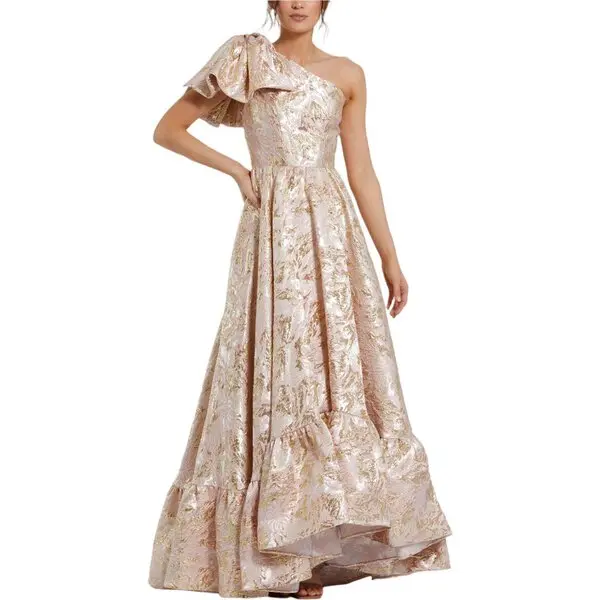 Mac Duggal Floral Brocade One Shoulder High-low Gown With Bow