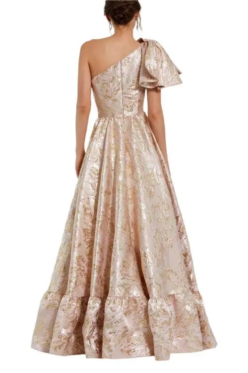 Mac Duggal Floral Brocade One Shoulder High-low Gown With Bow
