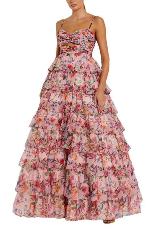 Mac Duggal Floral Cut Out Ruffle Tiered Ballgown - Pink Multi