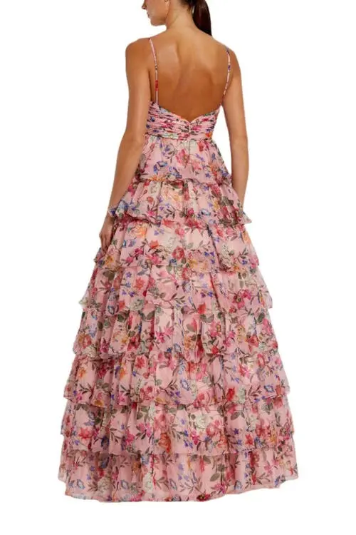 Mac Duggal Floral Cut Out Ruffle Tiered Ballgown - Pink Multi