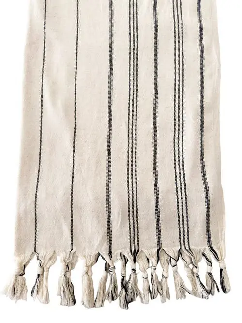Anaya Natural Linen Stripe Bath Towel With Knotted Fringe - Black