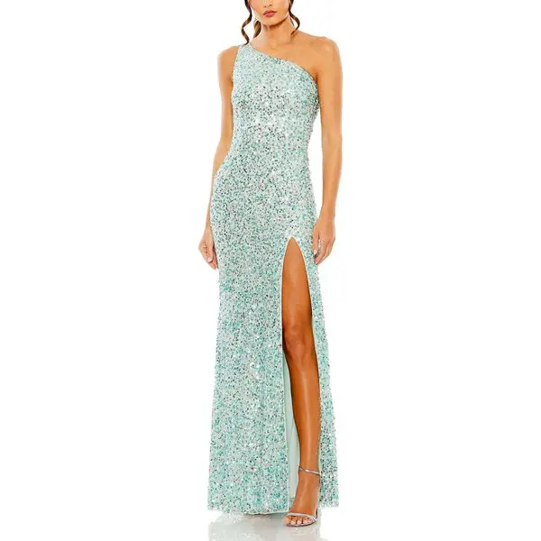 Mac Duggal Sequin One-shoulder Embellished Gown - Aqua