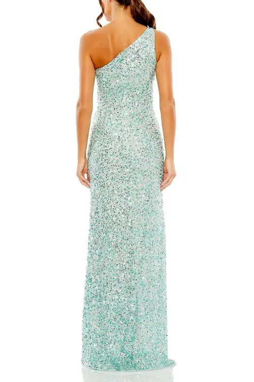 Mac Duggal Sequin One-shoulder Embellished Gown - Aqua