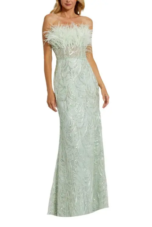 Mac Duggal Strapless Feather Bustier Gown With Embroidery