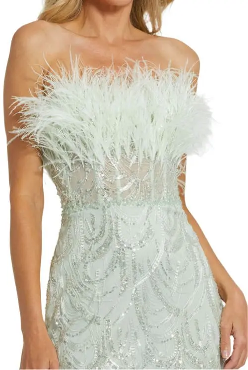 Mac Duggal Strapless Feather Bustier Gown With Embroidery