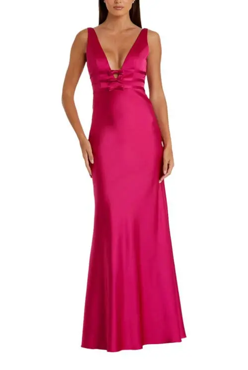 Mac Duggal Sleeveless V-neck Satin Gown With Bows - Raspberry