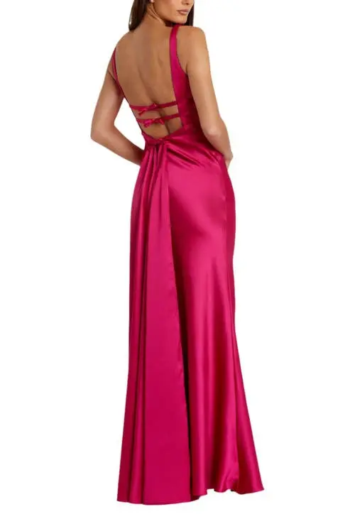 Mac Duggal Sleeveless V-neck Satin Gown With Bows - Raspberry