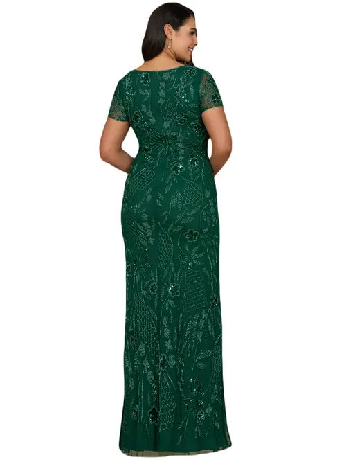 LARA NEW YORK V-neck Beaded Sheath Dress - Dark Green
