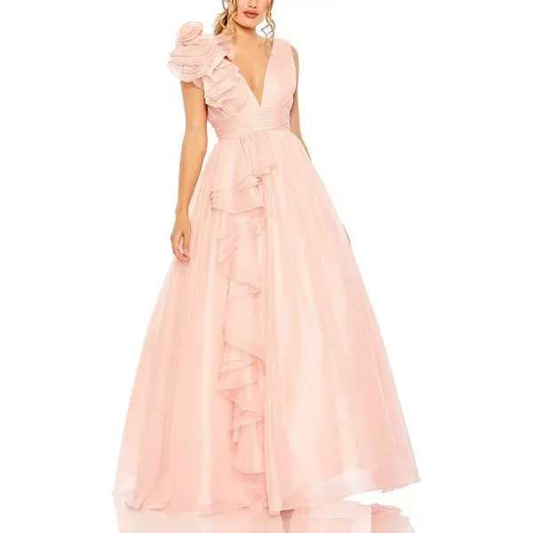 Mac Duggal V-neck Ruffled Shoulder A-line Evening Gown - Blush