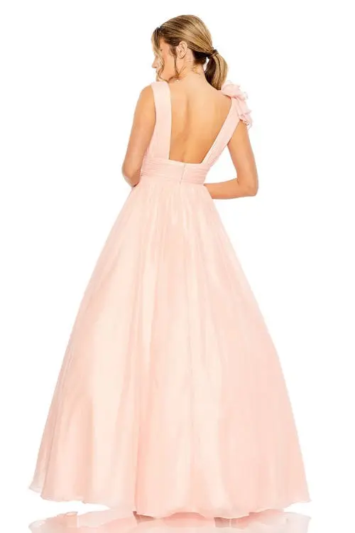 Mac Duggal V-neck Ruffled Shoulder A-line Evening Gown - Blush