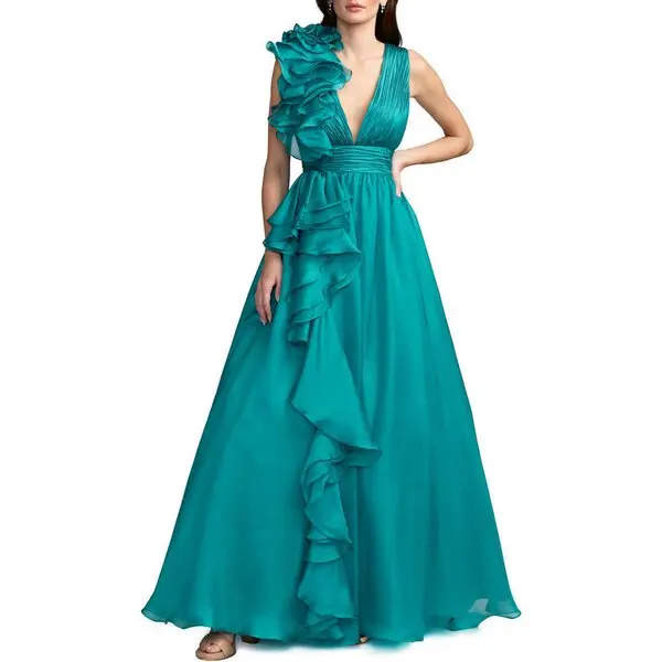 Mac Duggal Ruffle Shoulder V-neck Chiffon Gown - Teal
